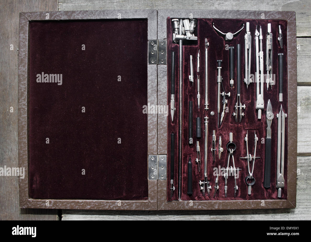 Case of drawing instruments. Old Case of drawing instruments laying on ...