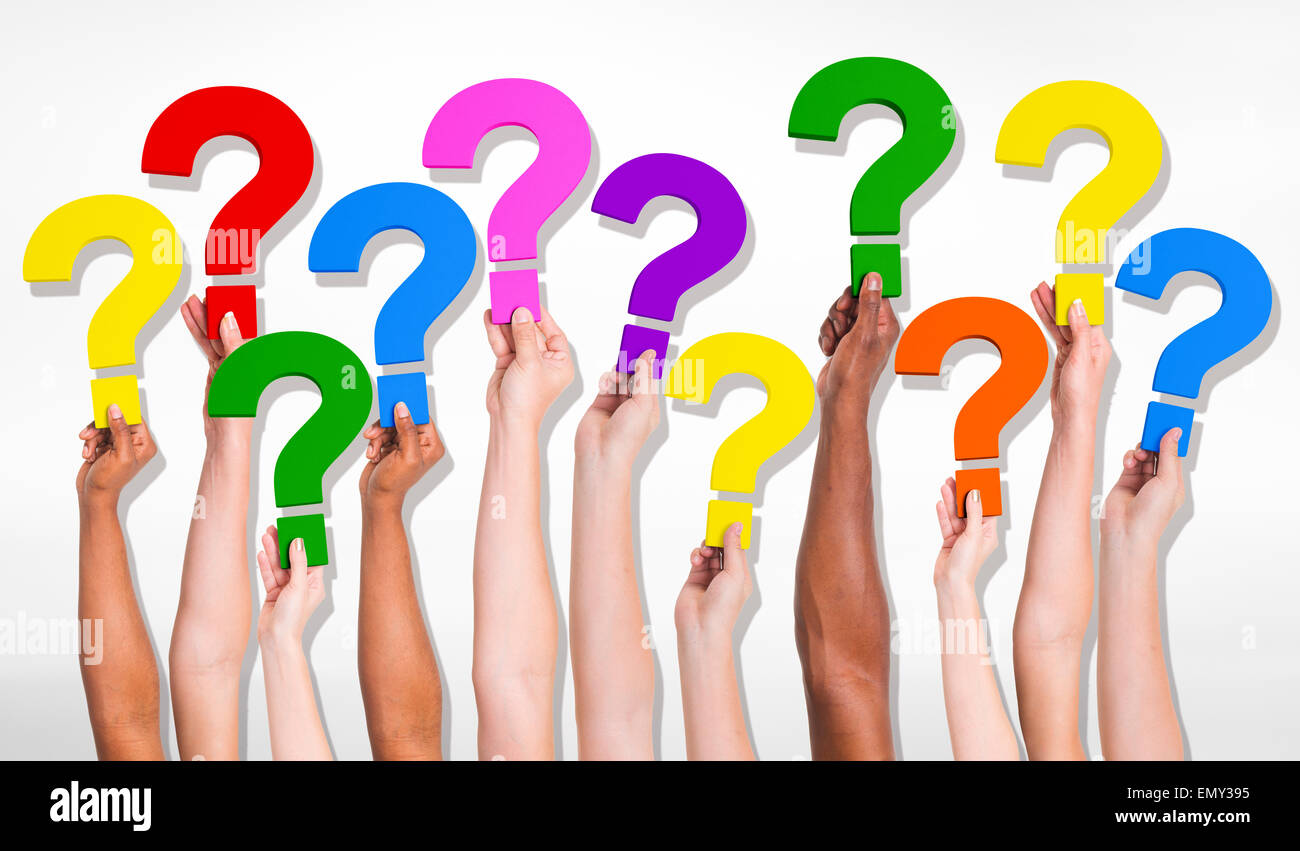 Multi-Ethnic group of human hands holding question marks Stock Photo ...
