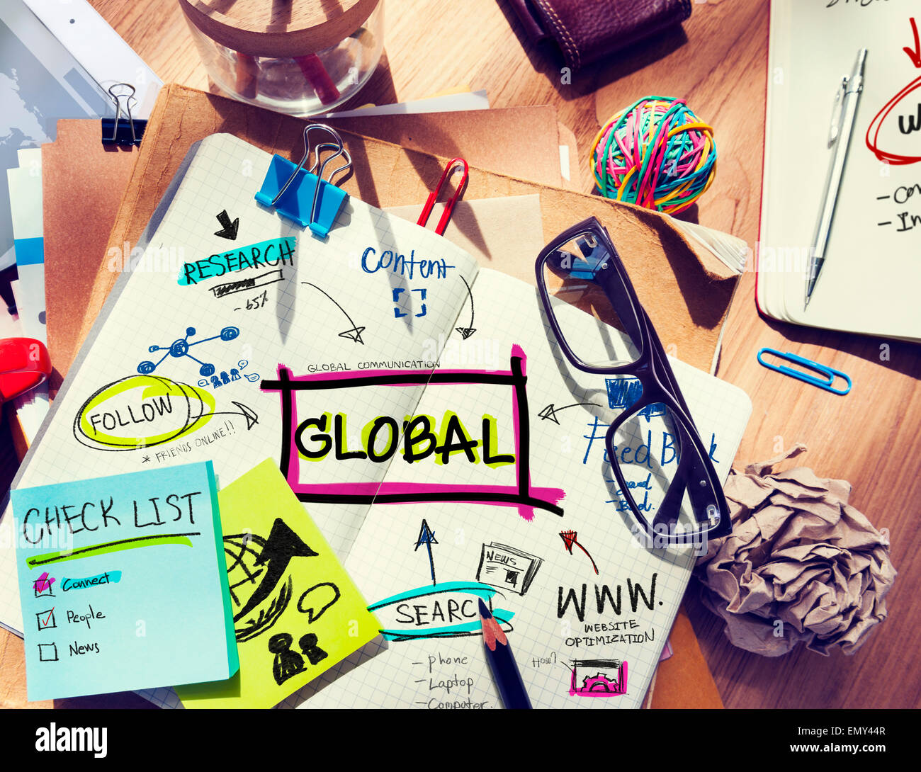 Office Desk with Tools and Notes Global Communication Stock Photo - Alamy