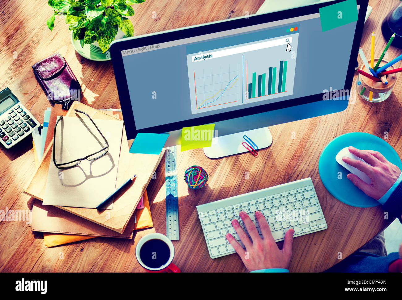 Man Working Computer Diagram Research Interface Icons Concept Stock ...