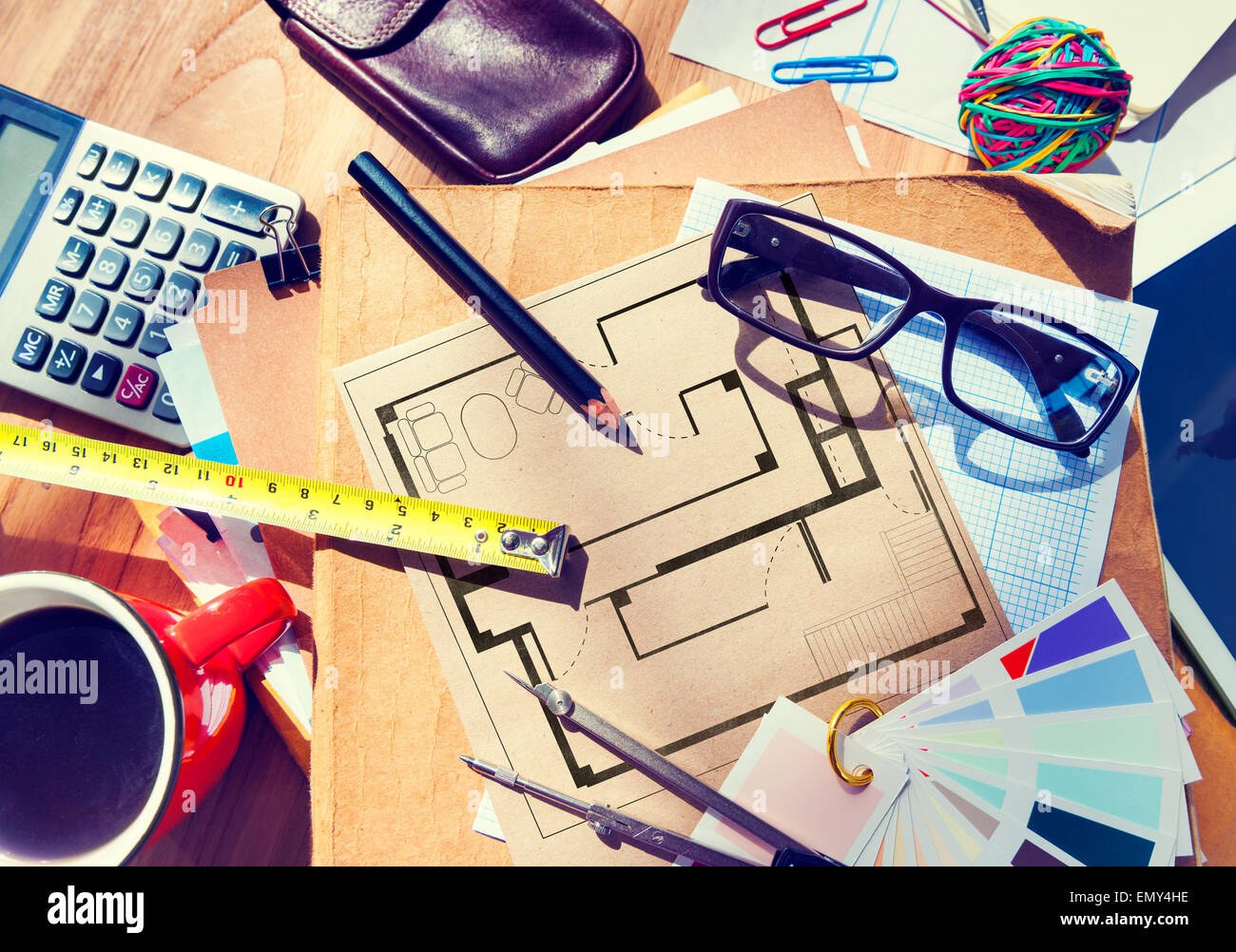 Messy Architect's Table with Work Tools Stock Photo - Alamy