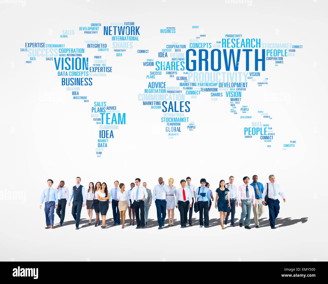 Group of Business People Walking a and Business Words Forming the World ...