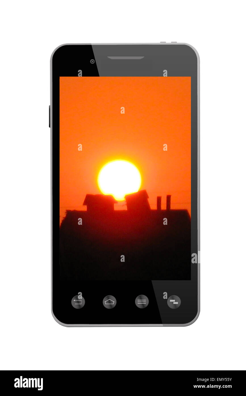 Modern smart-phone with picture of sunset isolated on the white Stock ...
