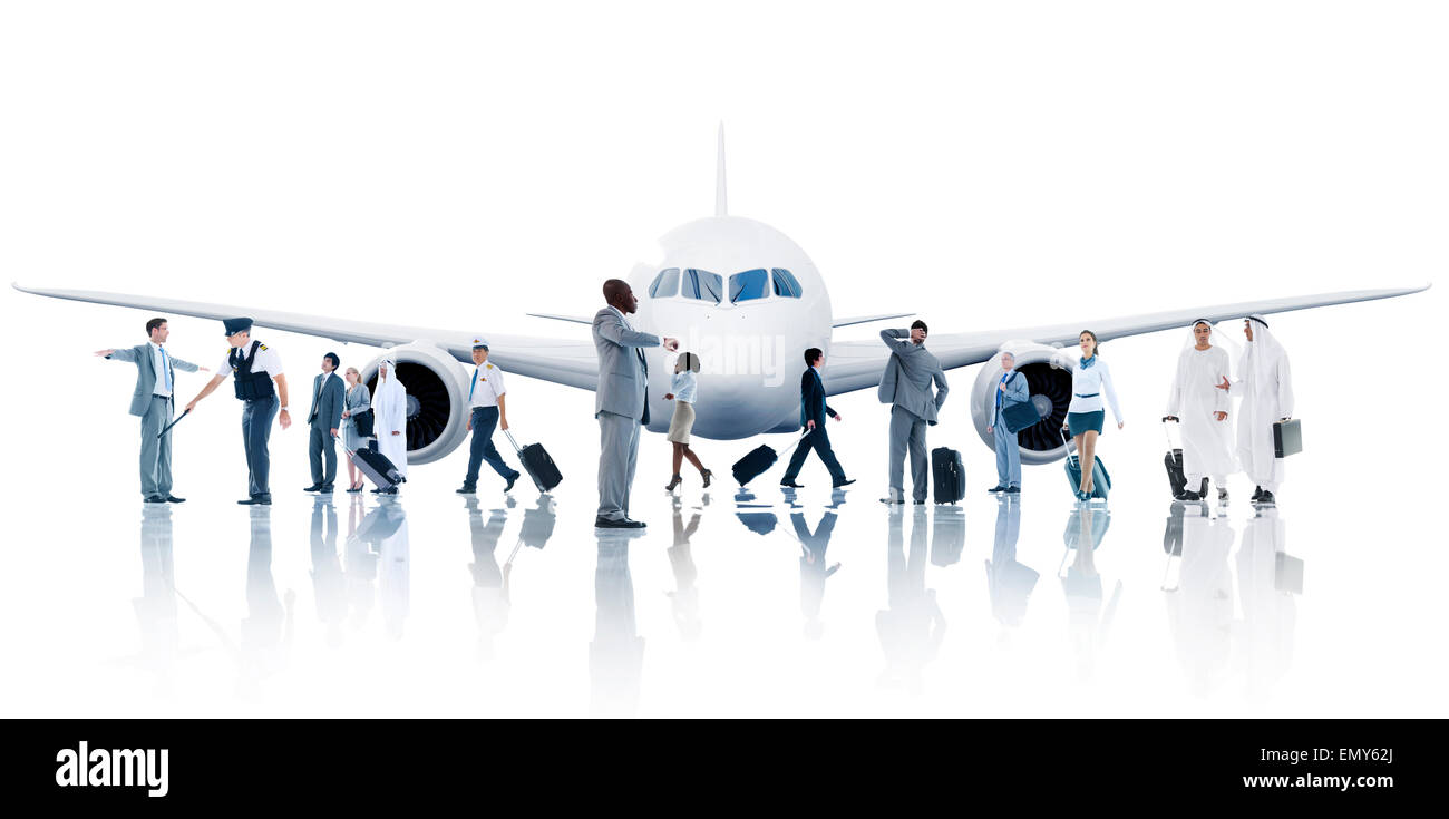 Multiethnic Group of Business People with Airplane Stock Photo - Alamy