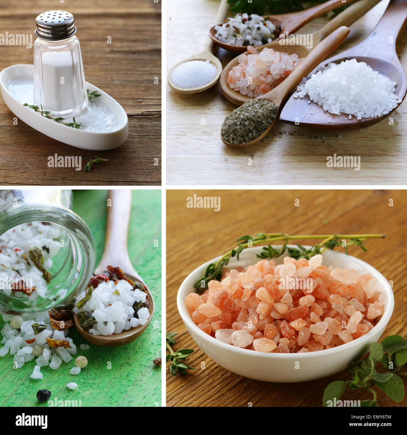 collage assortment variety salt (sea, pink Hawaiian, black Stock Photo ...