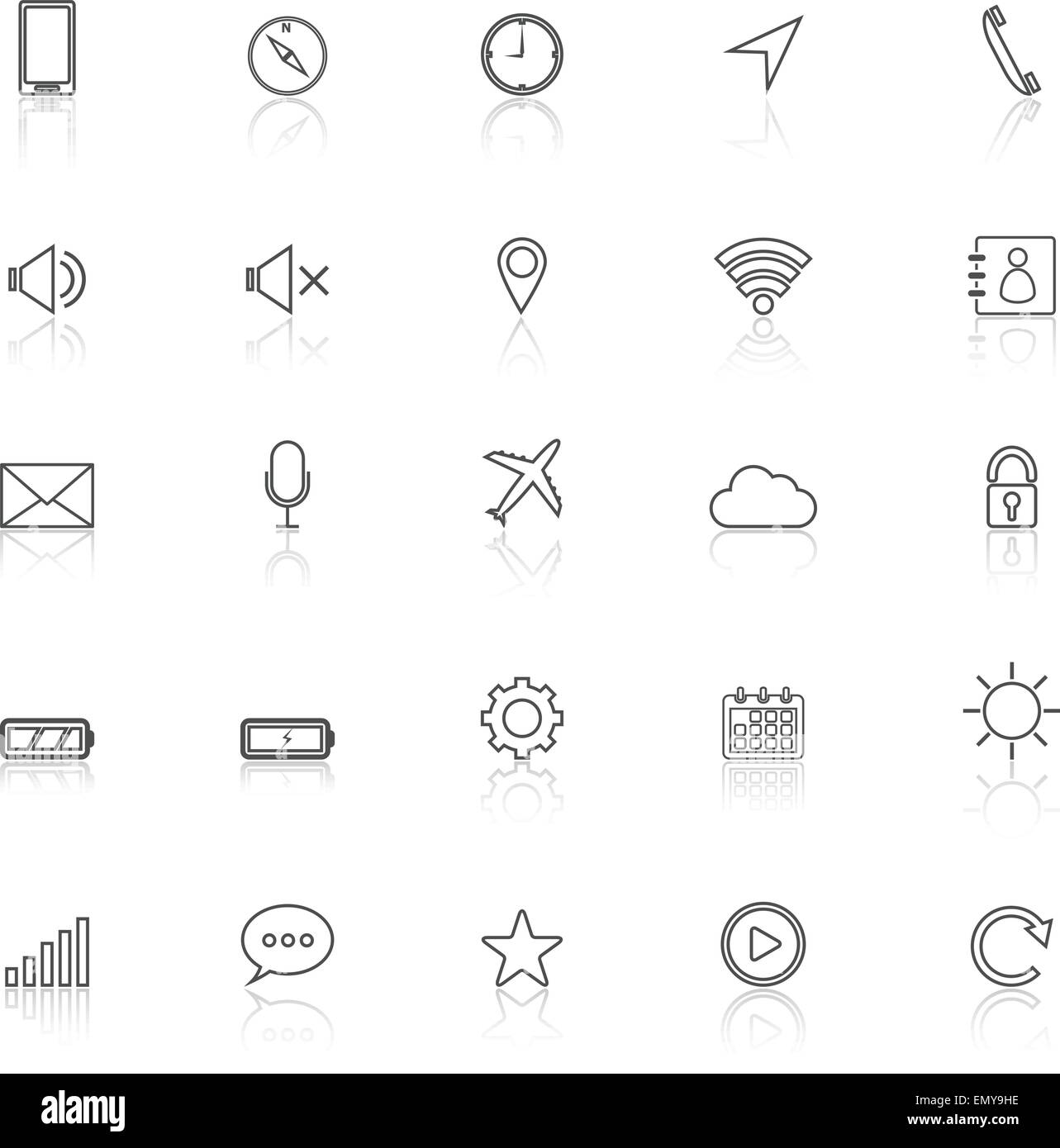 Mobile phone line icons with reflect on white background, stock vector ...