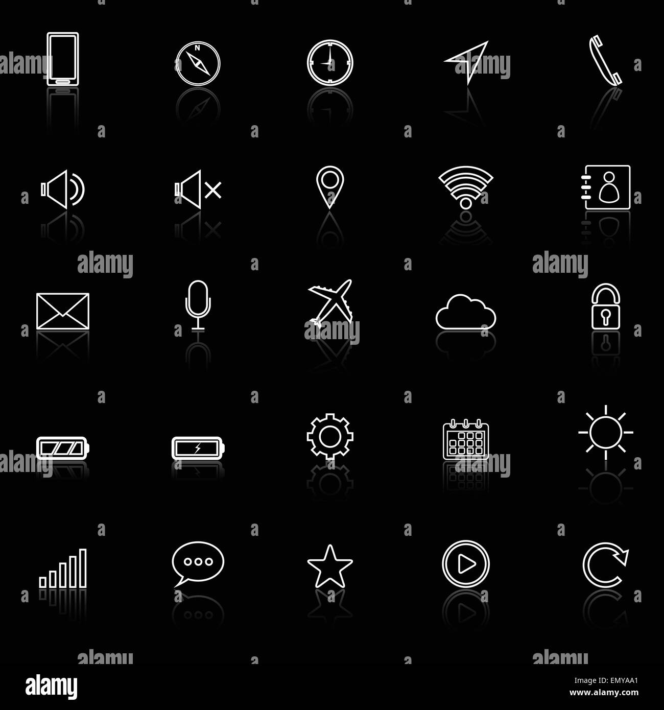 Mobile phone line icons with reflect on black background, stock vector ...