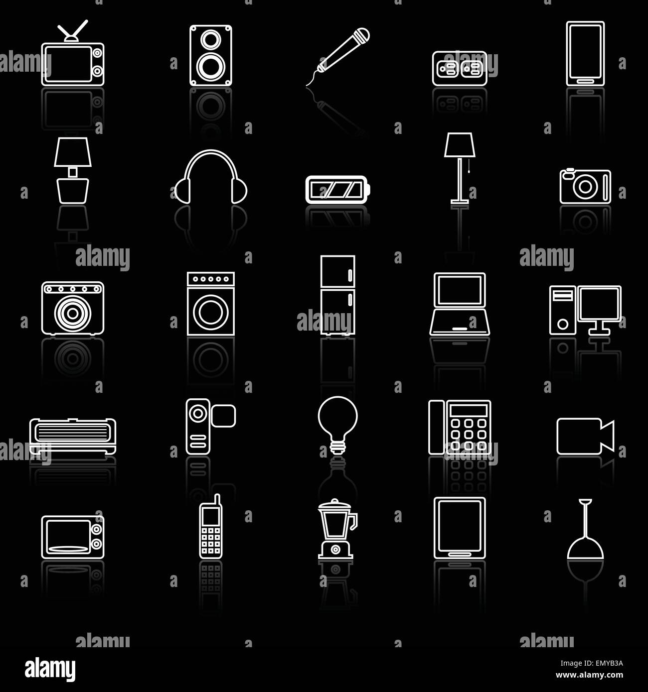 Electrical machine line icons with reflect on black background, stock ...