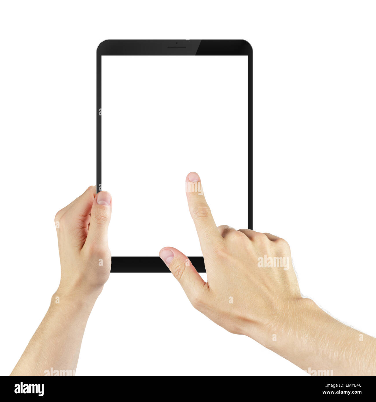 adult man hands using tablet pc with white screen, isolated Stock Photo ...