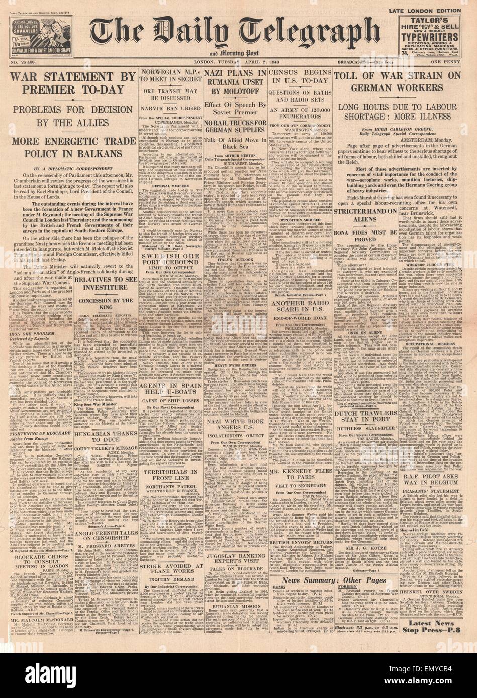 1940 World War Two World War 2 Newspaper Headline High Resolution Stock ...