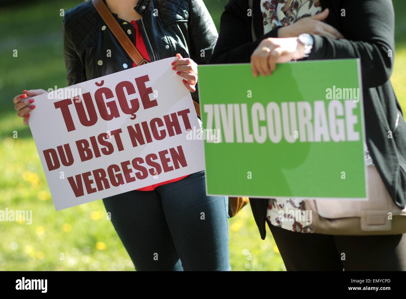 Darmstadt, Germany. 24th Apr, 2015. People hold signs which read 'Tugce ...