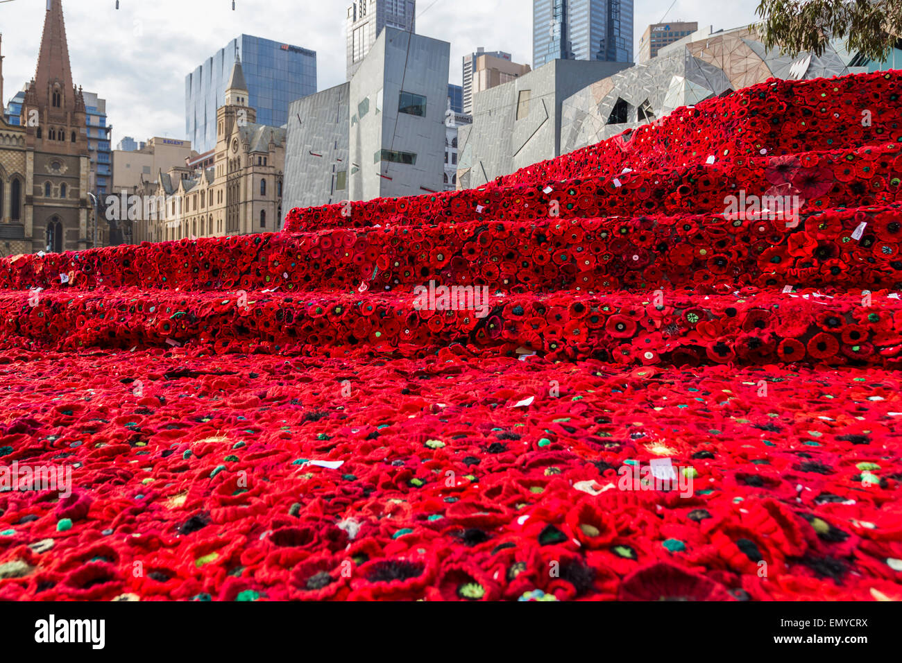Melbourne, Australia. 24 April 2015. A sea of handmade red poppies in ...