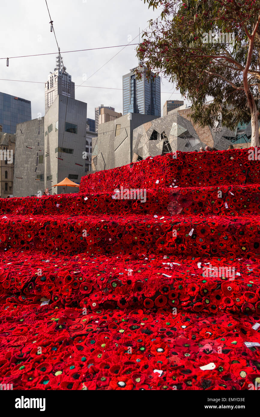 Melbourne, Australia. 24 April 2015. A sea of handmade red poppies in ...