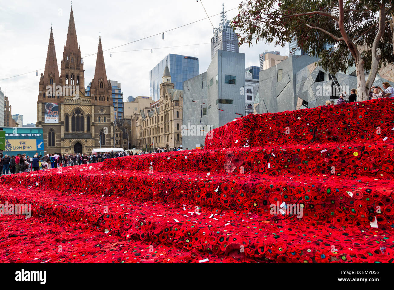 Melbourne, Australia. 24 April 2015. A sea of handmade red poppies in ...