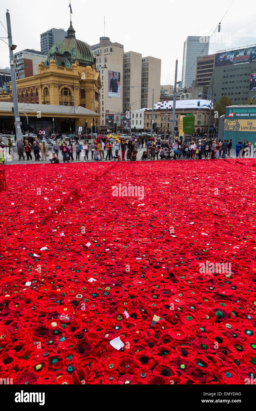 Melbourne, Australia. 24 April 2015. A sea of handmade red poppies in ...