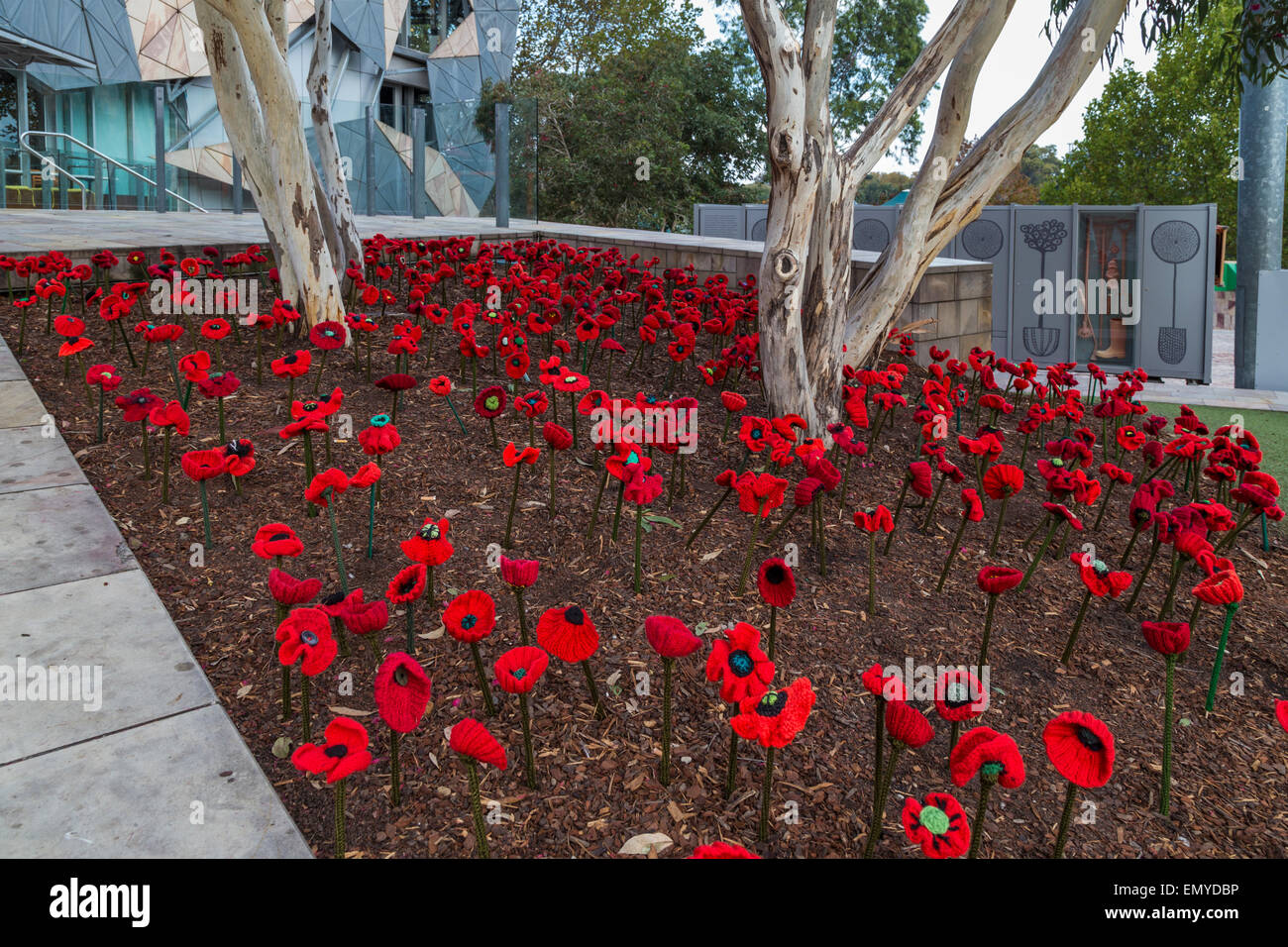Melbourne, Australia. 24 April 2015. A sea of handmade red poppies in ...