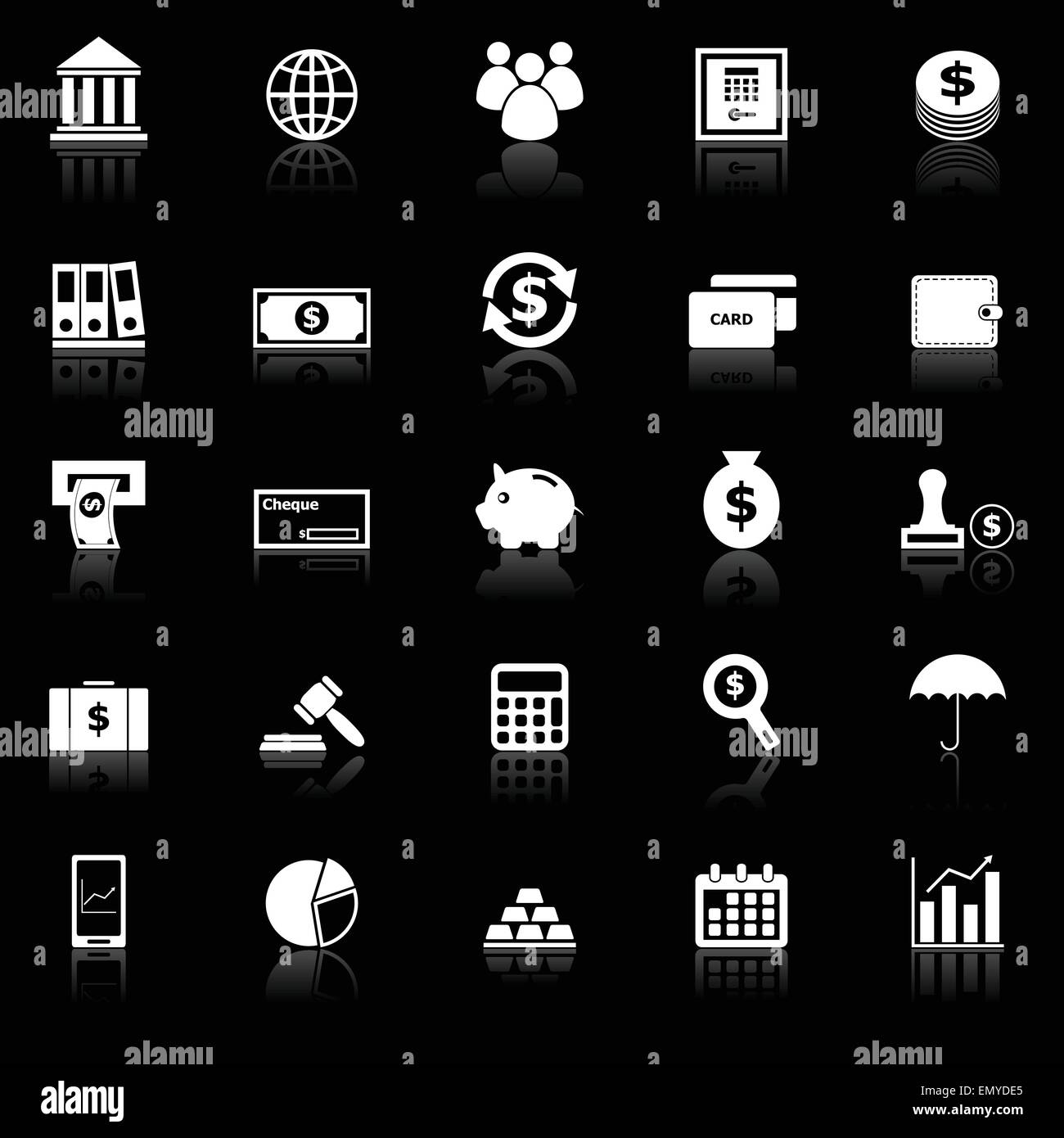 Banking icons with reflect on black background, stock vector Stock ...