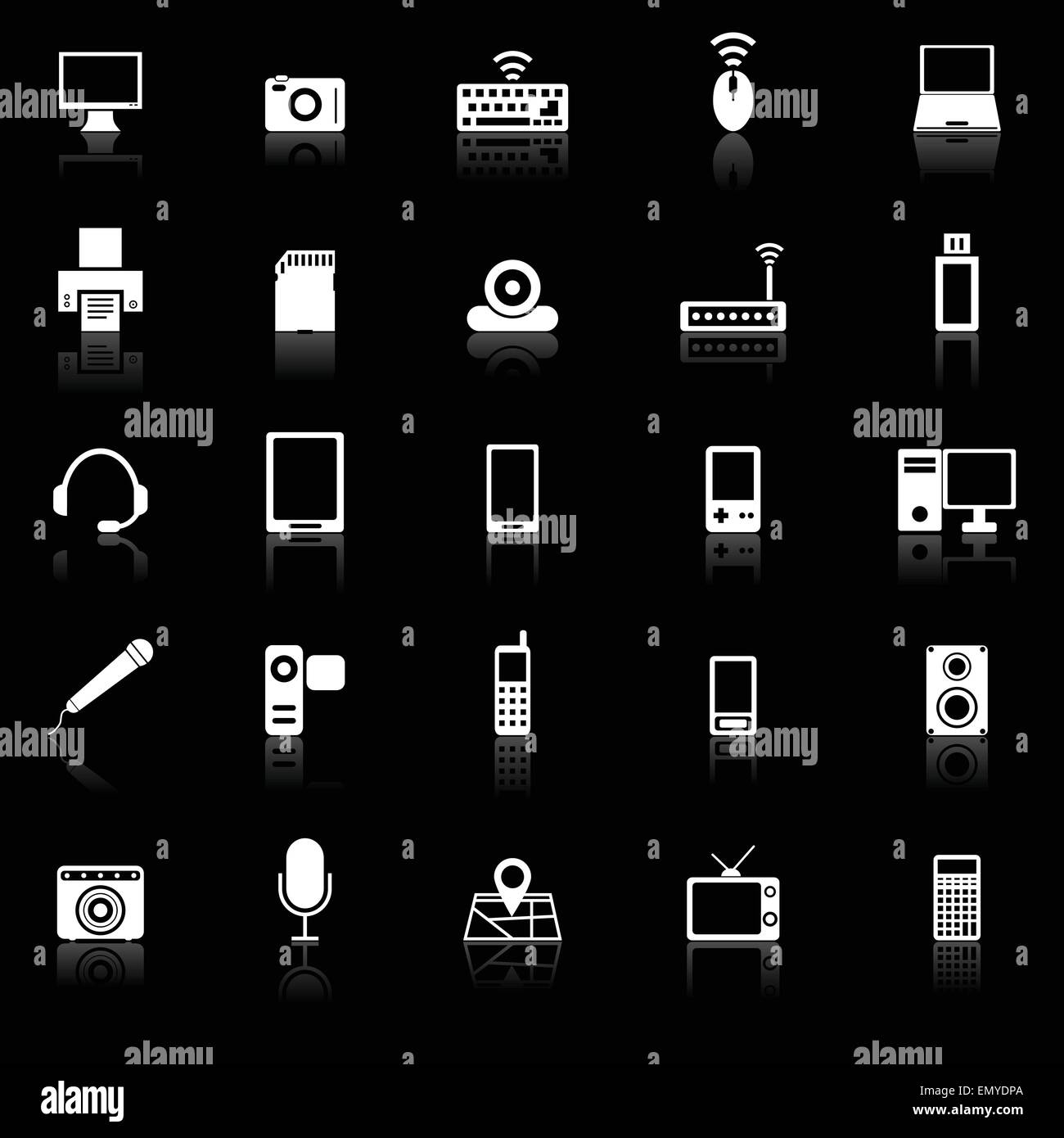 Gadget icons with reflect on black background, stock vector Stock ...