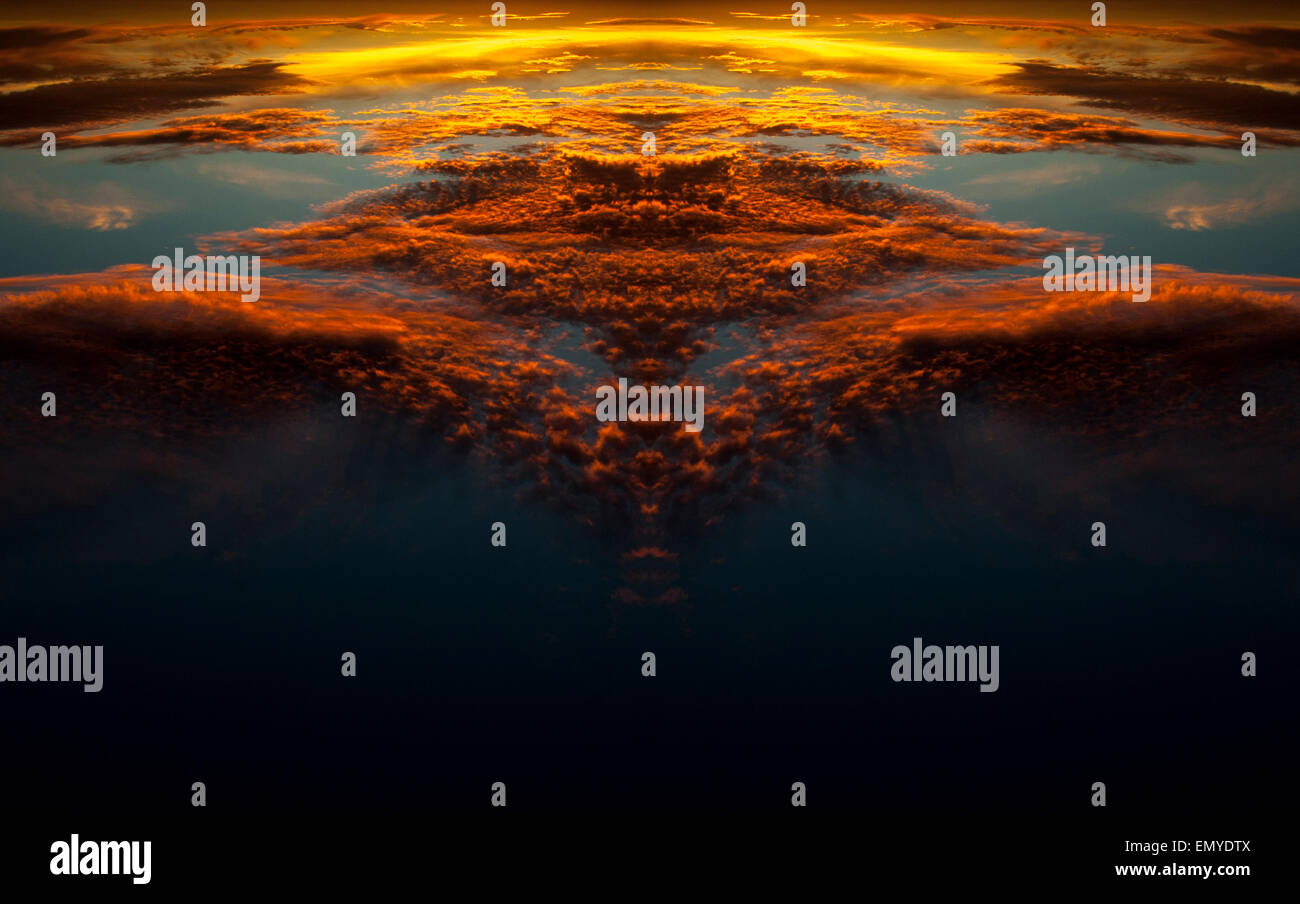 Symmetrical sunrise, simulated view of Earth and clouds from high above ...