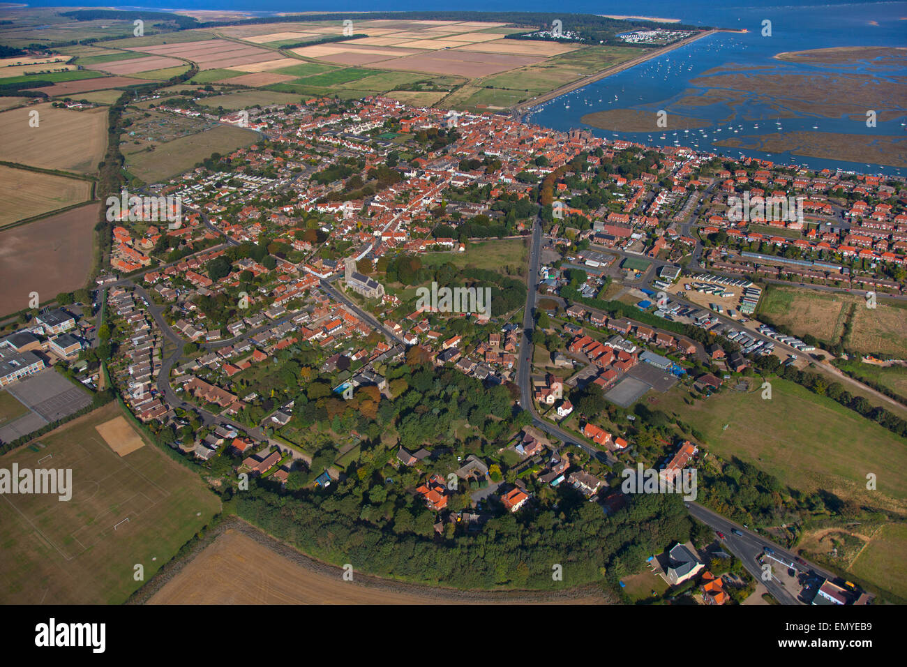 An aerial view Wells-next-the-Sea a port on the North Norfolk coast of ...