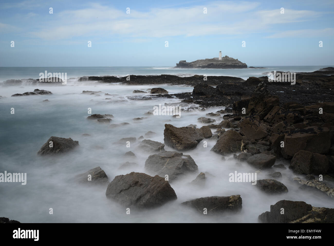 Godrevy Beach in Cornwall with Godrevy lighhouse in the background ...