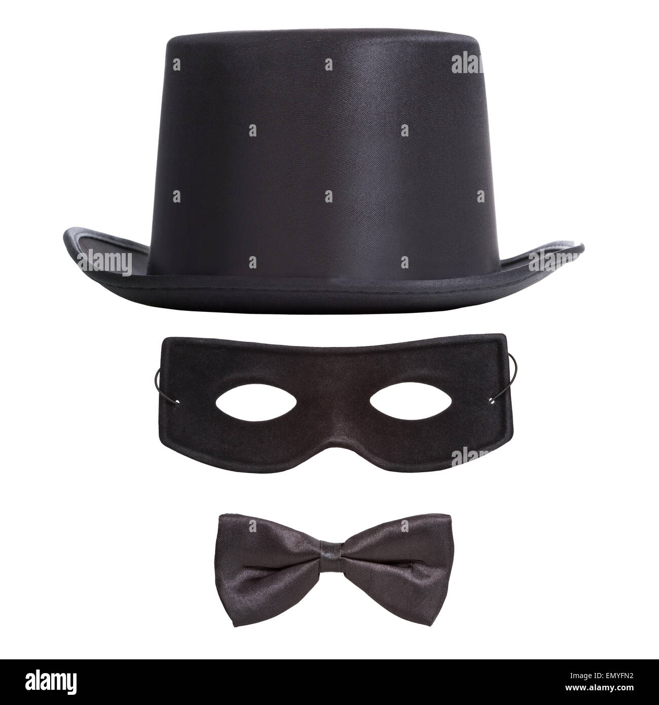 Black top hat, masquerade mask and bow tie isolated on white bac Stock ...