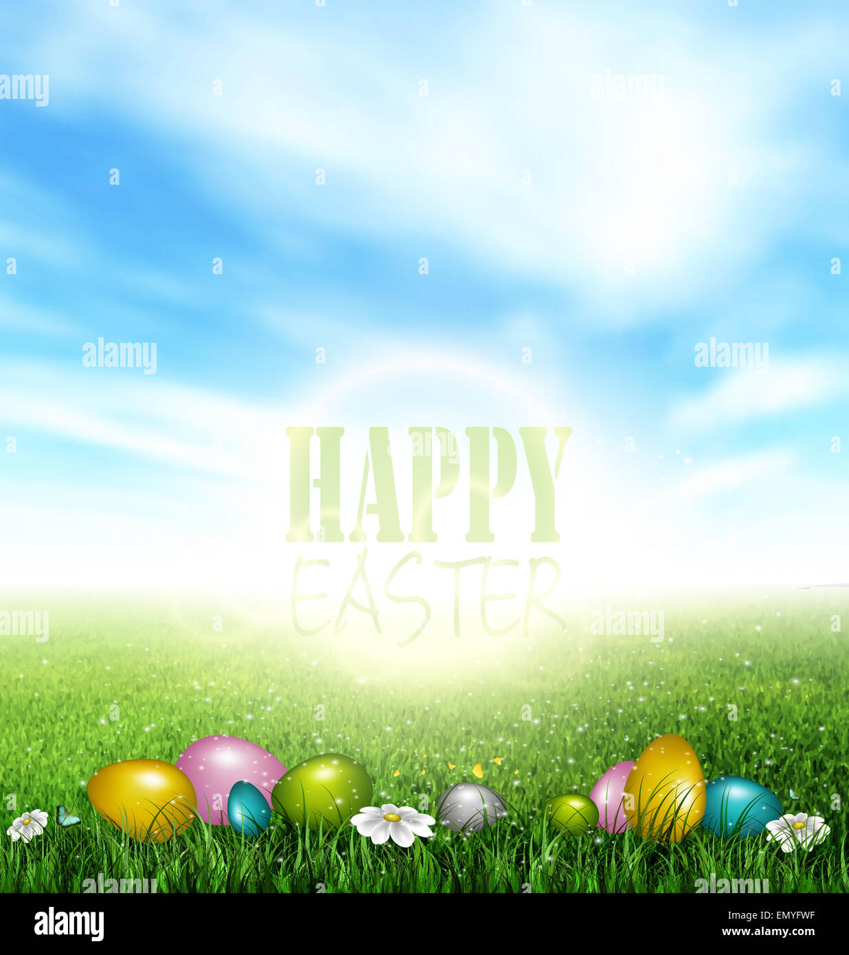 Easter Background With Color Eggs, Grass, Flowers, Butterflies Meadow ...