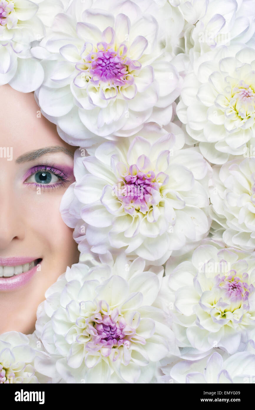 Beauty smiling girl with white flowers around her face. Dahlia f Stock ...
