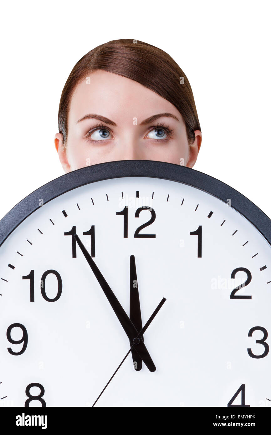 Woman face with a big clock isolated on a white background Stock Photo ...