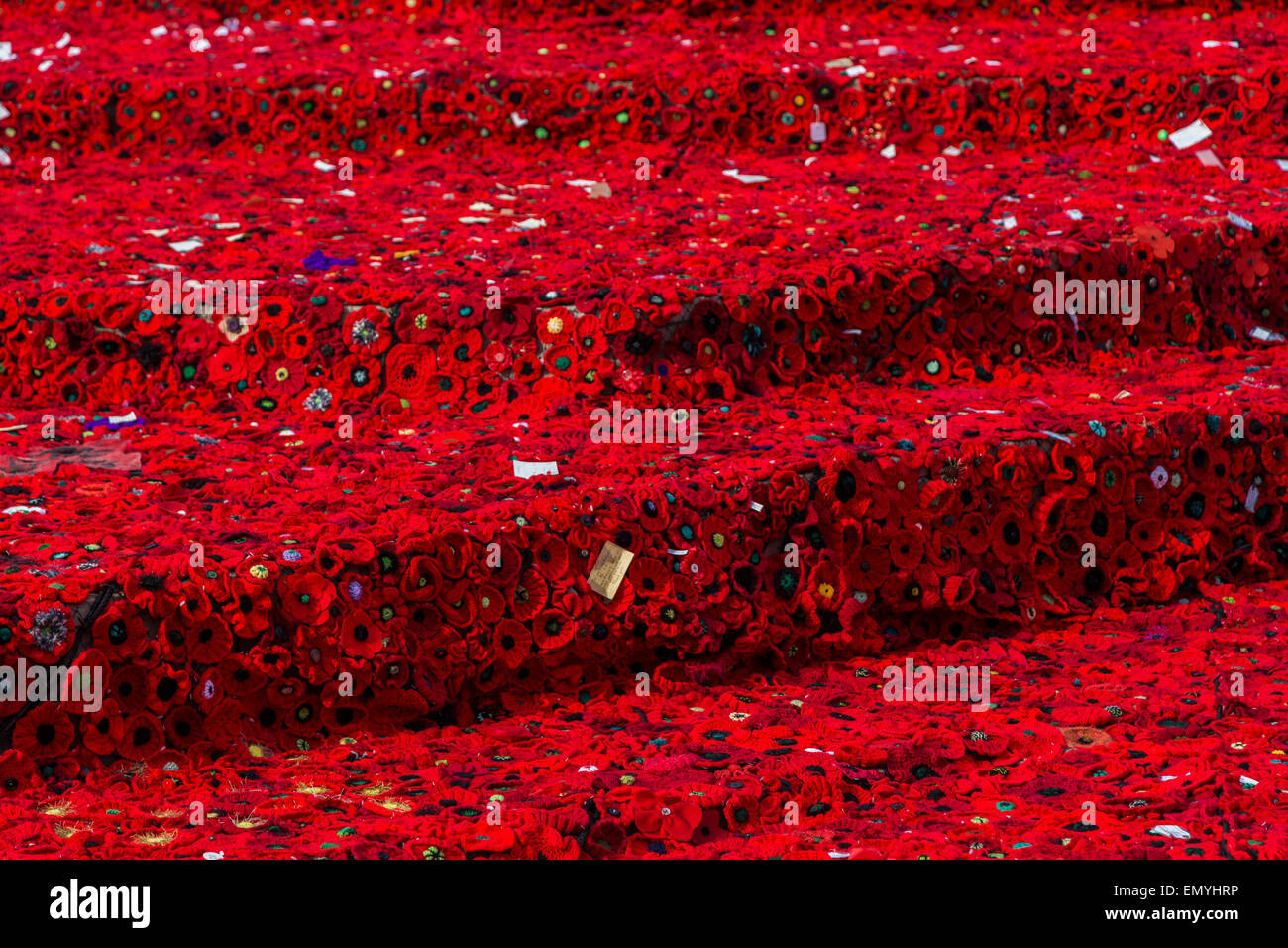 Melbourne, Australia. 24 April 2015. A sea of handmade red poppies in ...