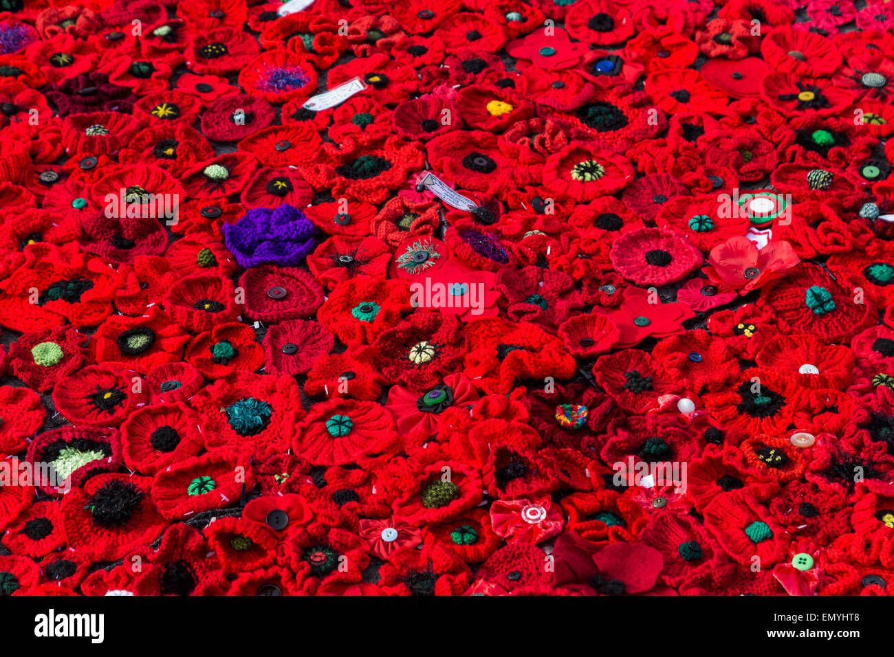 Melbourne, Australia. 24 April 2015. A sea of handmade red poppies in ...