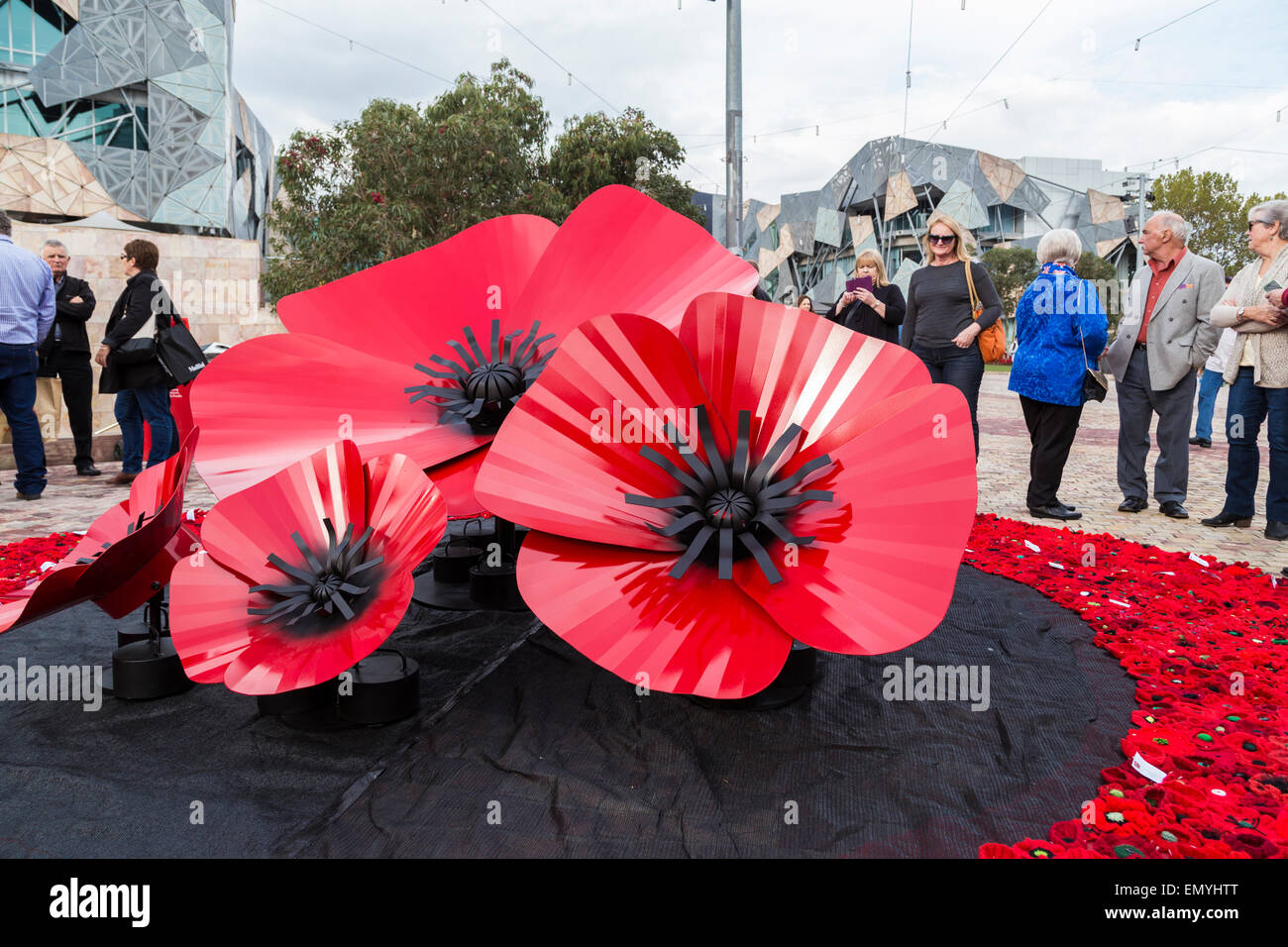 Melbourne, Australia. 24 April 2015. A sea of handmade red poppies in ...