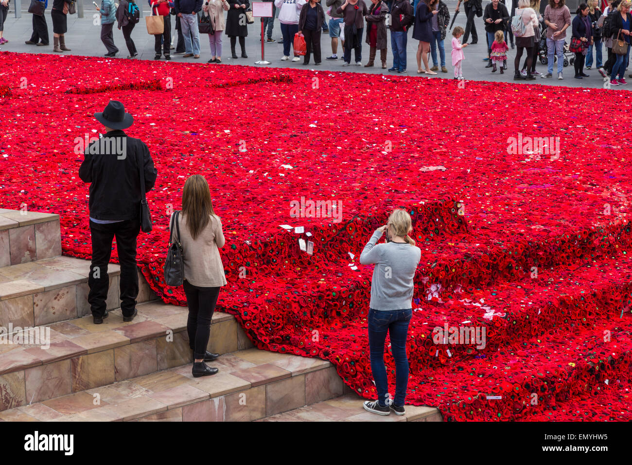 Melbourne, Australia. 24 April 2015. A sea of handmade red poppies in ...