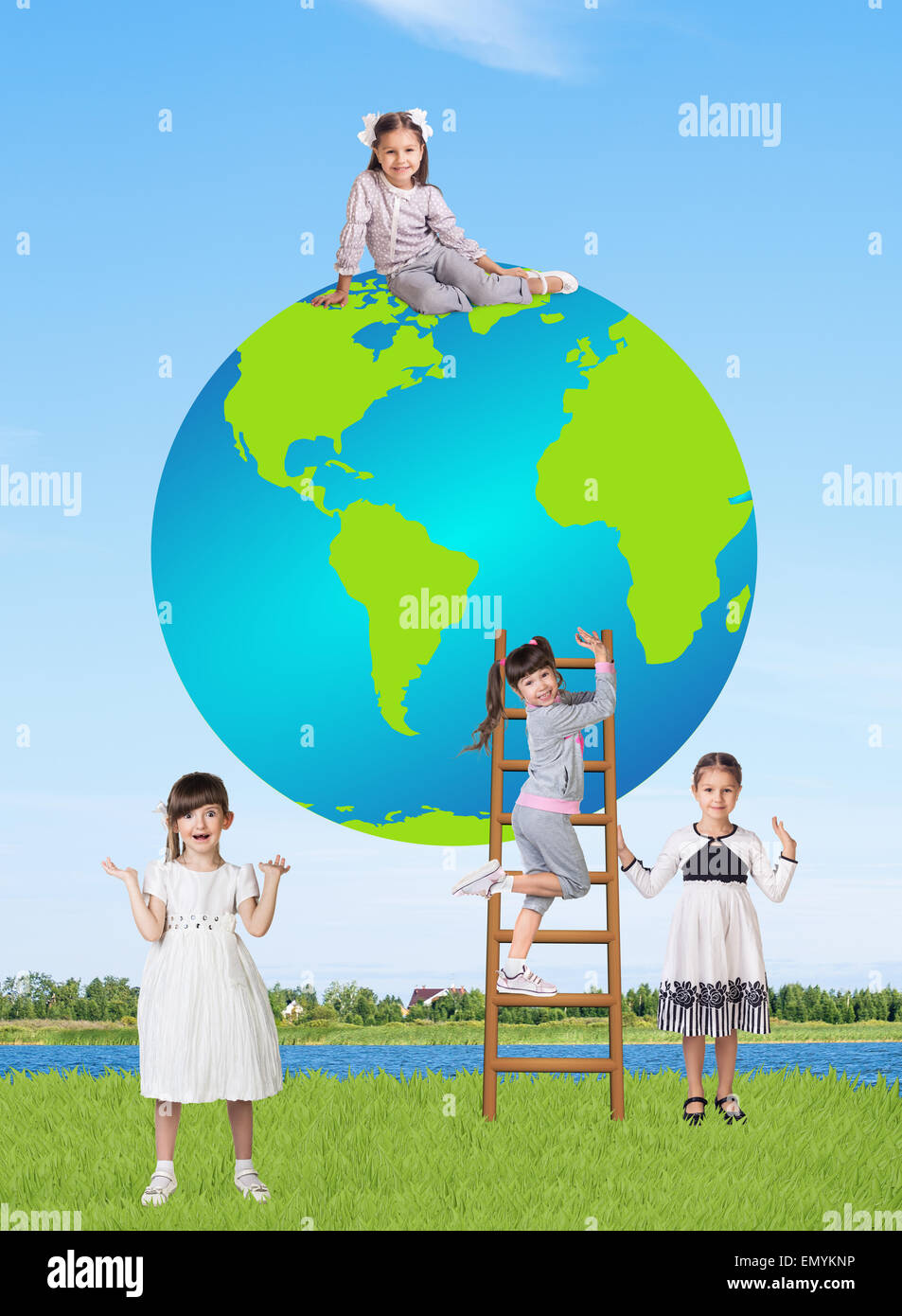 People with a world globe hi-res stock photography and images - Alamy