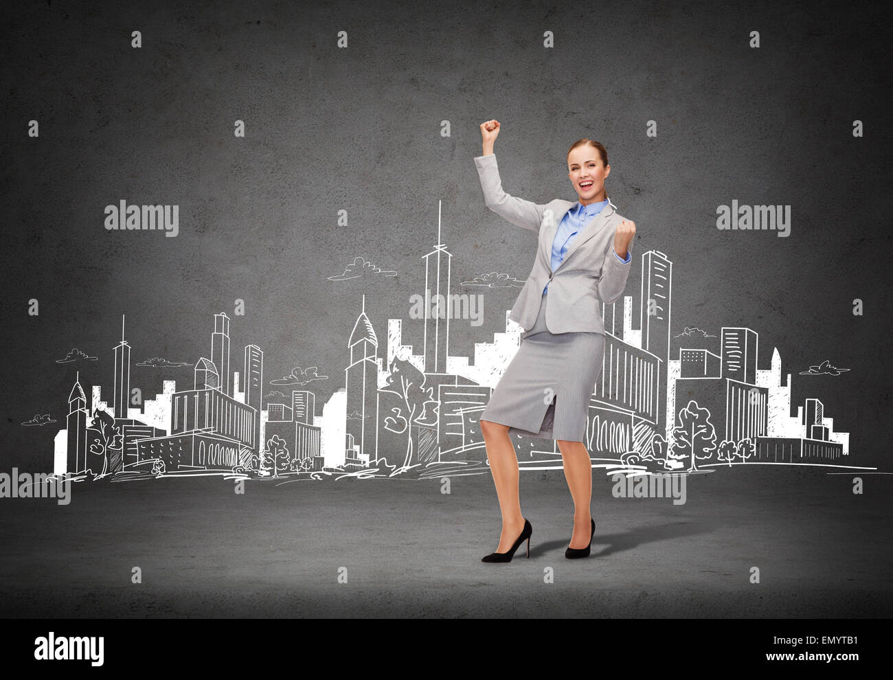 happy businesswoman with hands up Stock Photo - Alamy