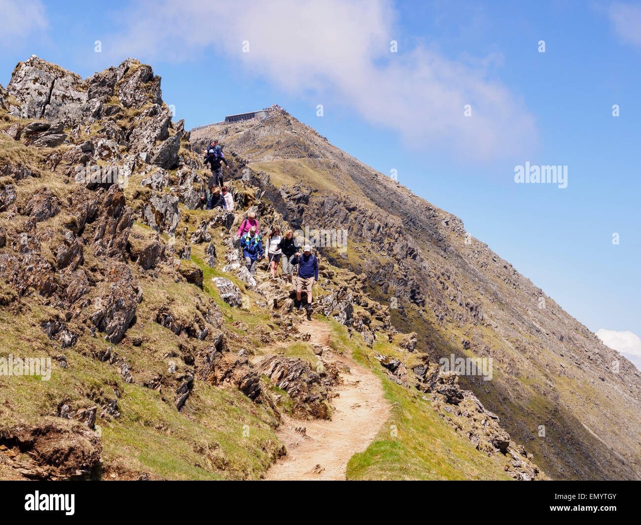 Group of Ramblers descending down the Rhyd Ddu path from Mount Snowdon ...