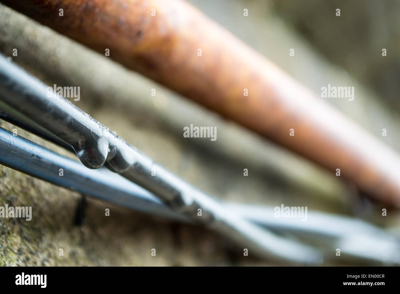 Old electric cabling in blue and black with water drips and a rusty ...