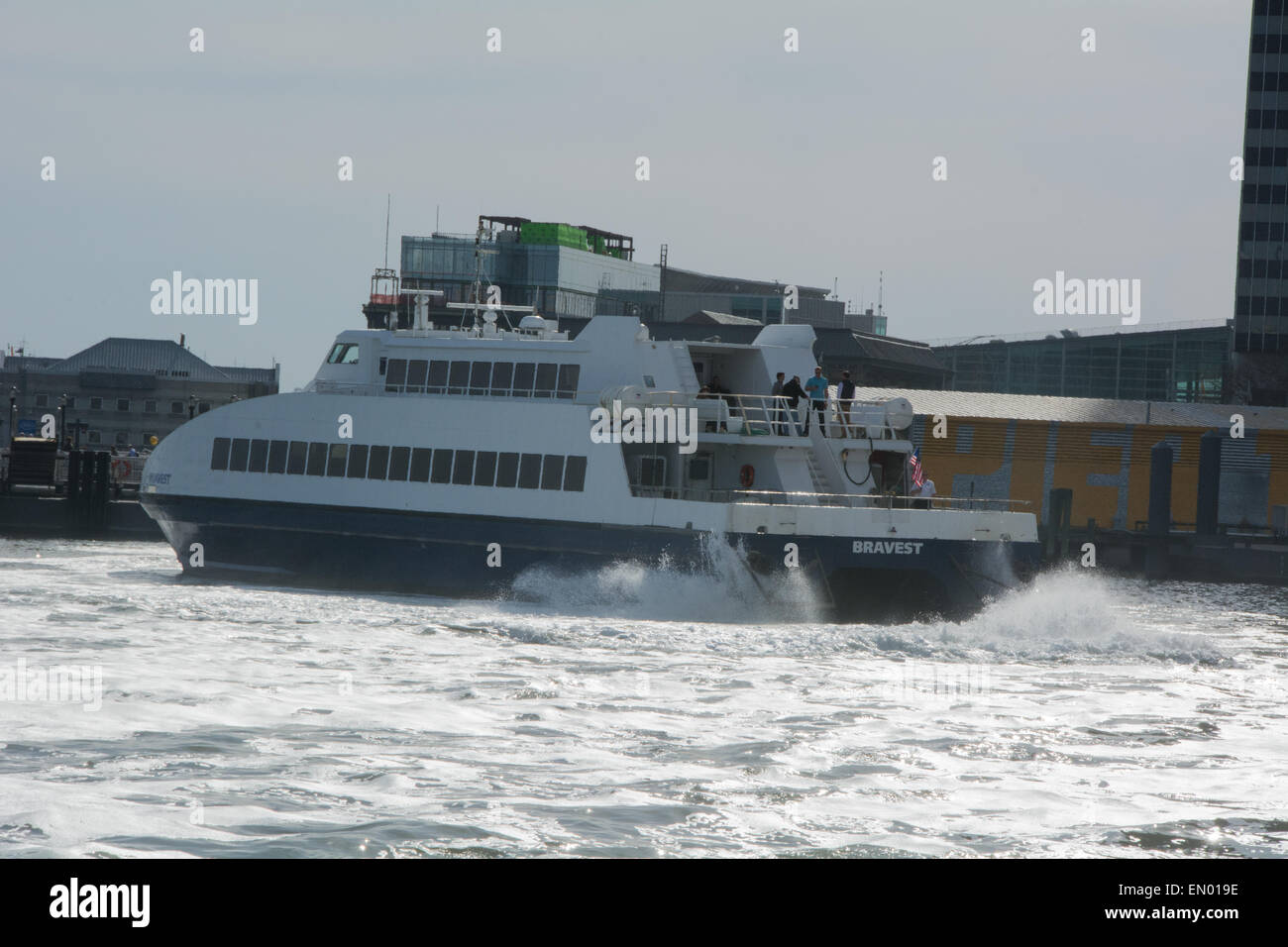 Bravest an East River Ferry leaving the South Street Seaport ferry dock ...