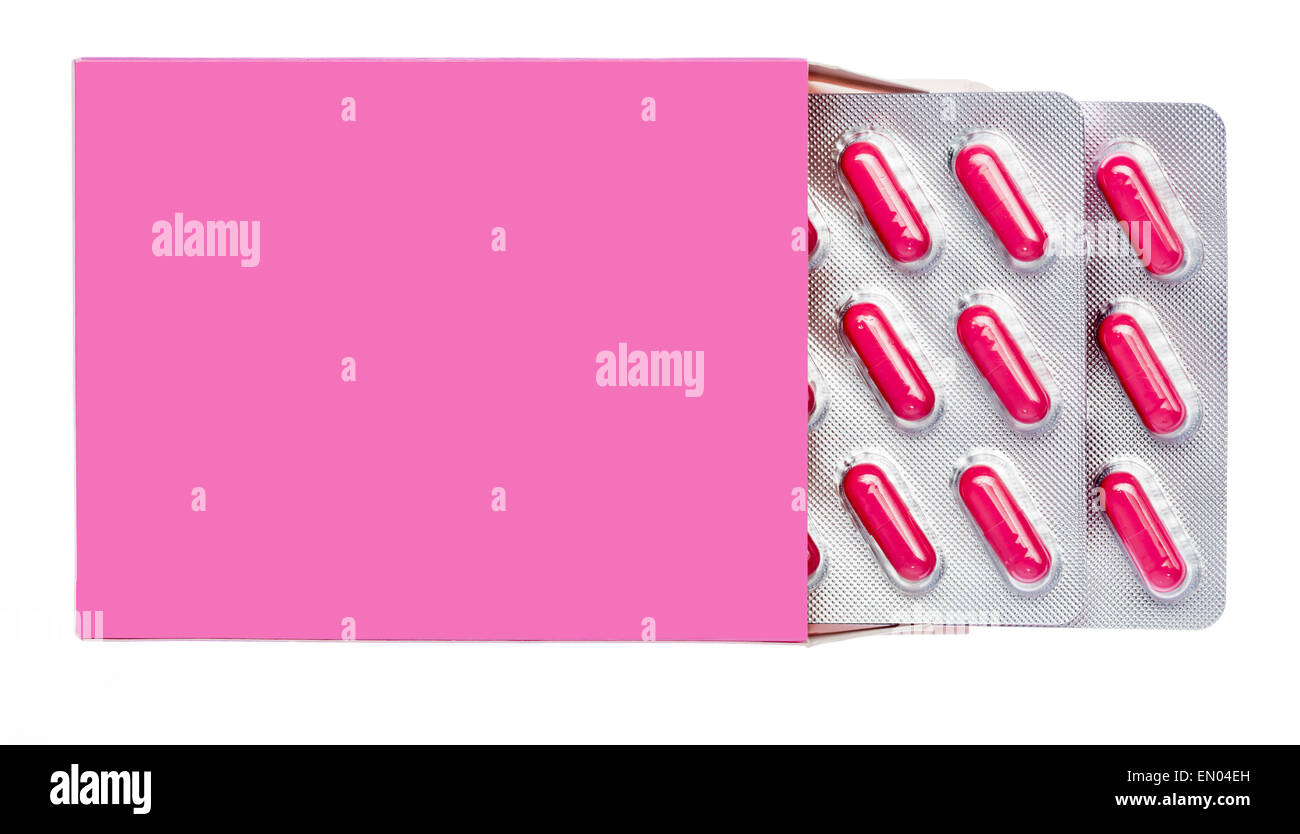 Pink box with pink pills blister pack on white background Stock Photo ...