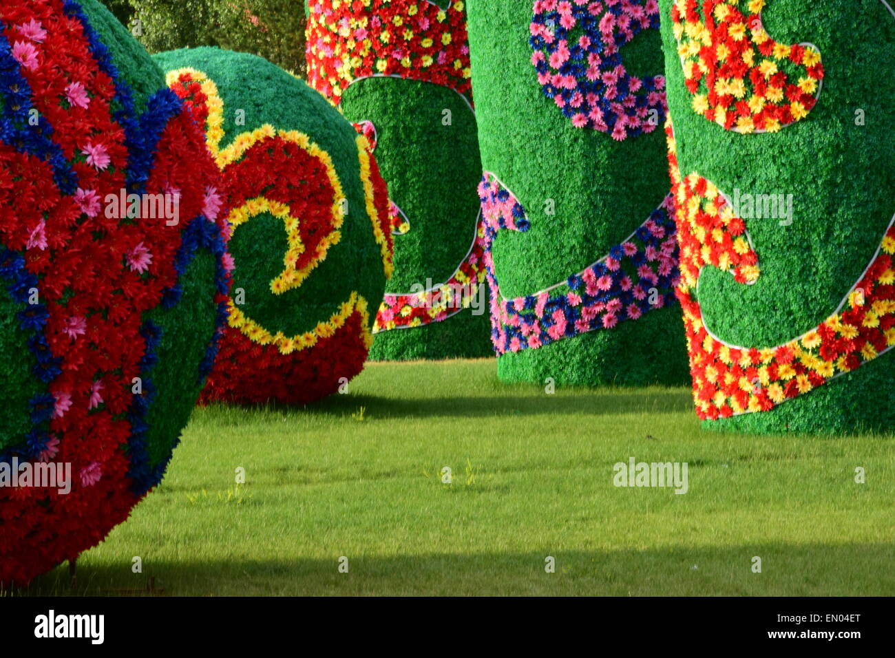 Plastic street decoration in the form of flower columns and spheres ...