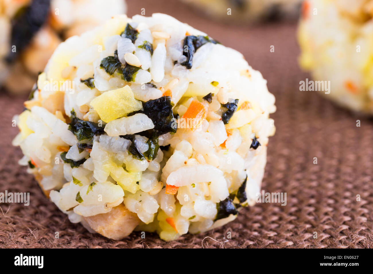 Hawaiian rice balls mixed with spam, carrots, daikon and Korean seaweed ...