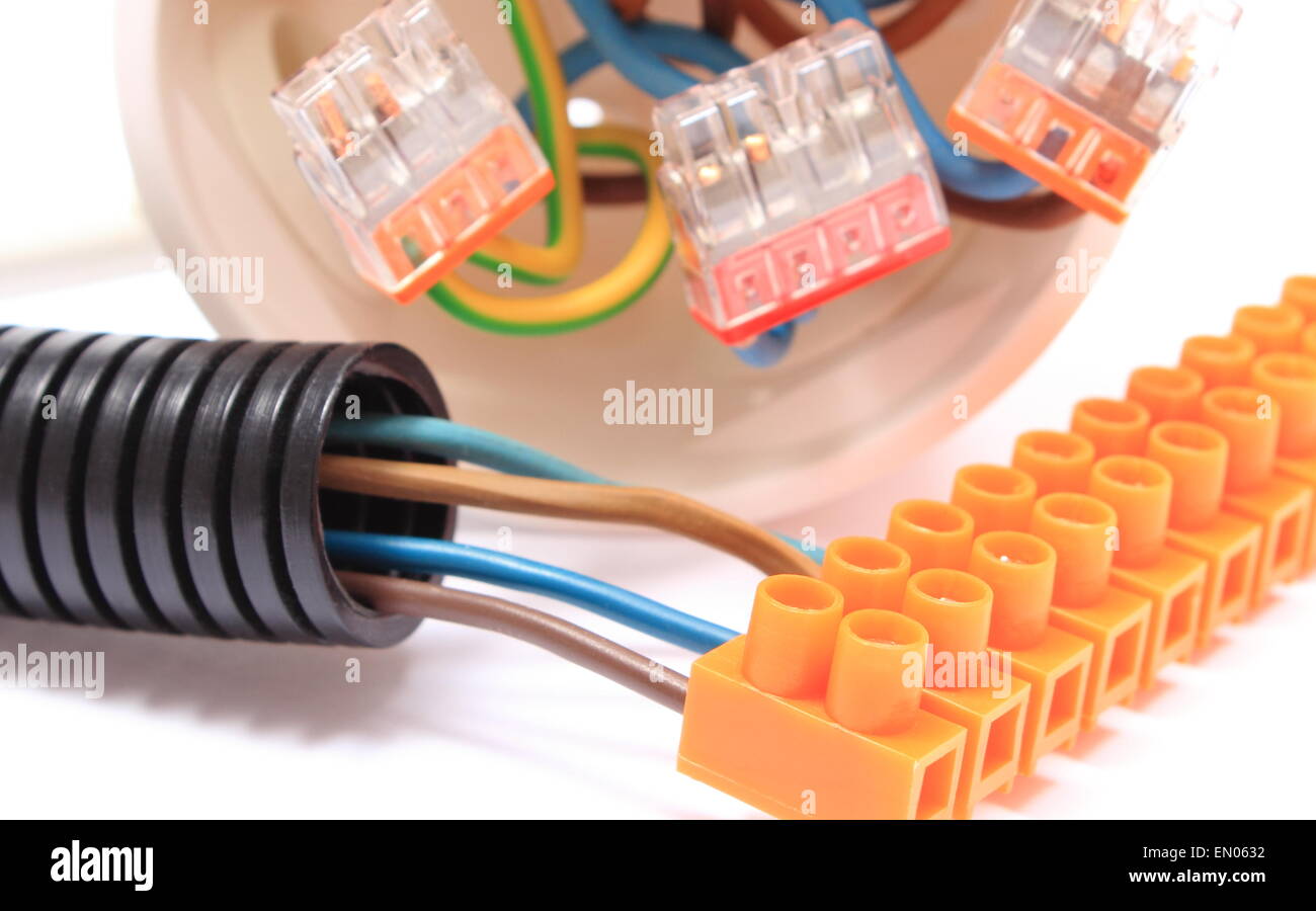Corrugated plastic pipe, copper wire connections in electrical box and ...