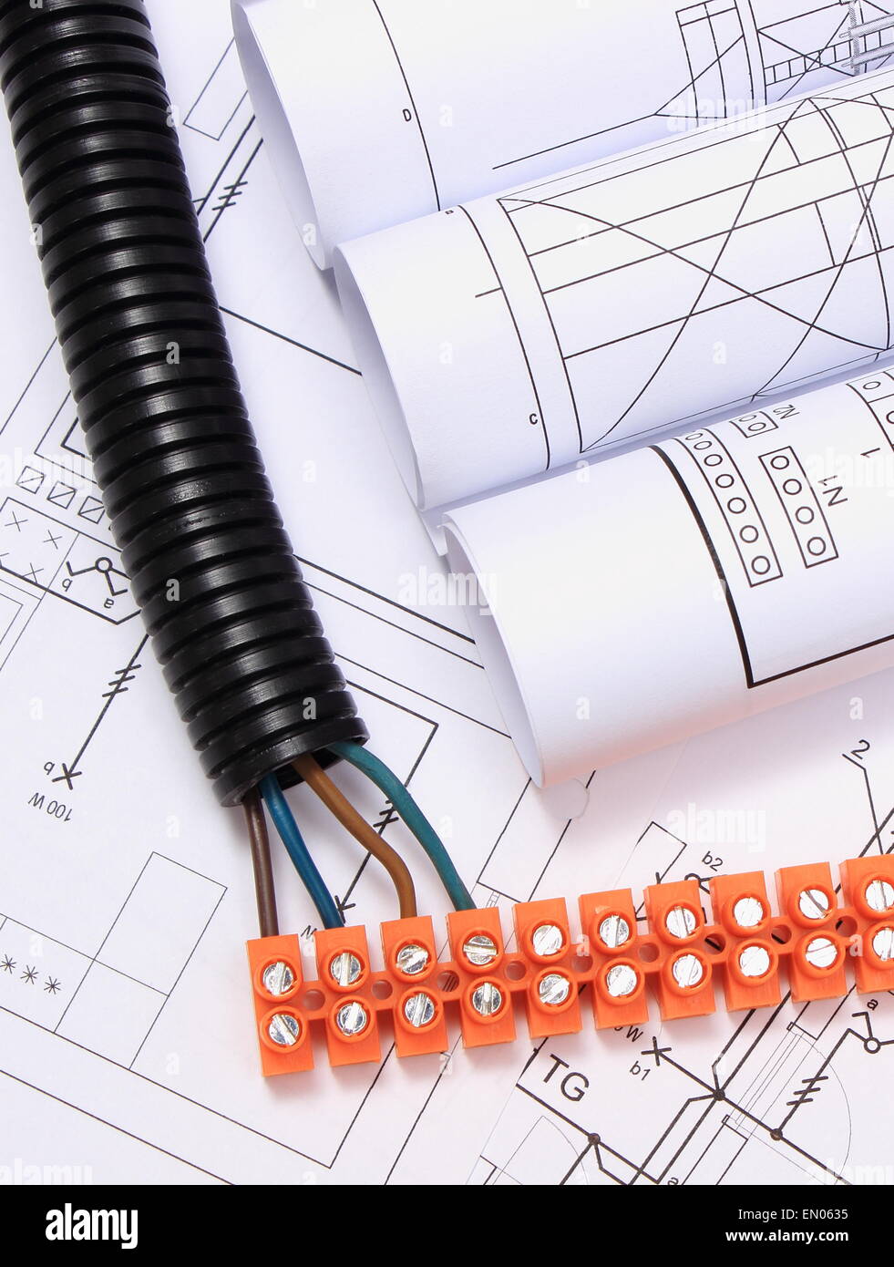 Corrugated pipe, electrical cable with connection cube and rolls of ...