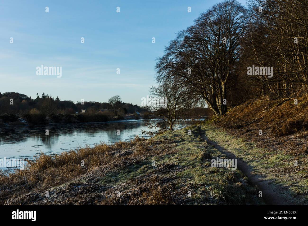 River Dee, Aberdeen with frosty grass and ice in the river Stock Photo ...