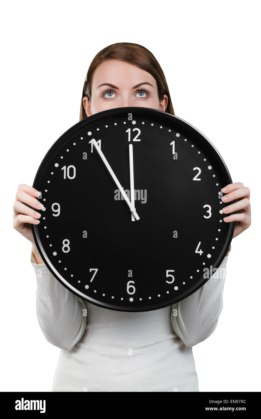 Woman face with a big clock Stock Photo - Alamy