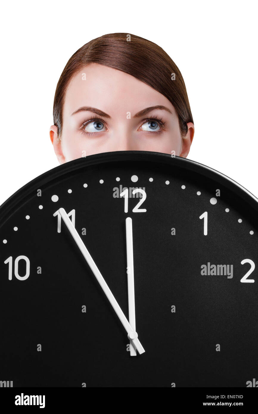 Woman face with a big clock Stock Photo - Alamy