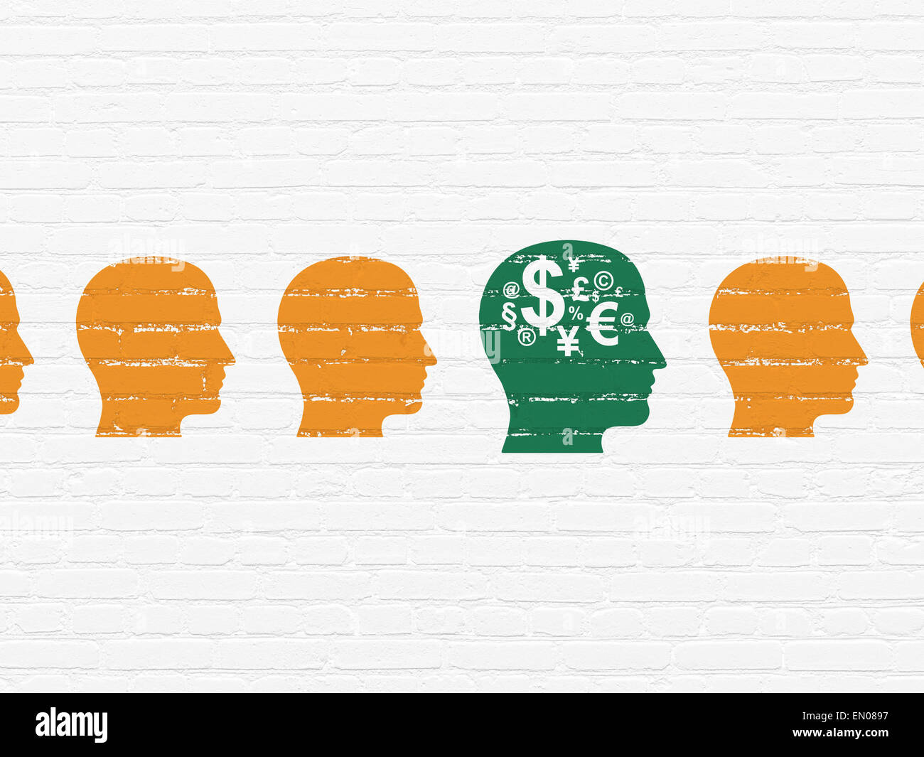 Finance concept: head with finance symbol icon on wall Stock Photo - Alamy