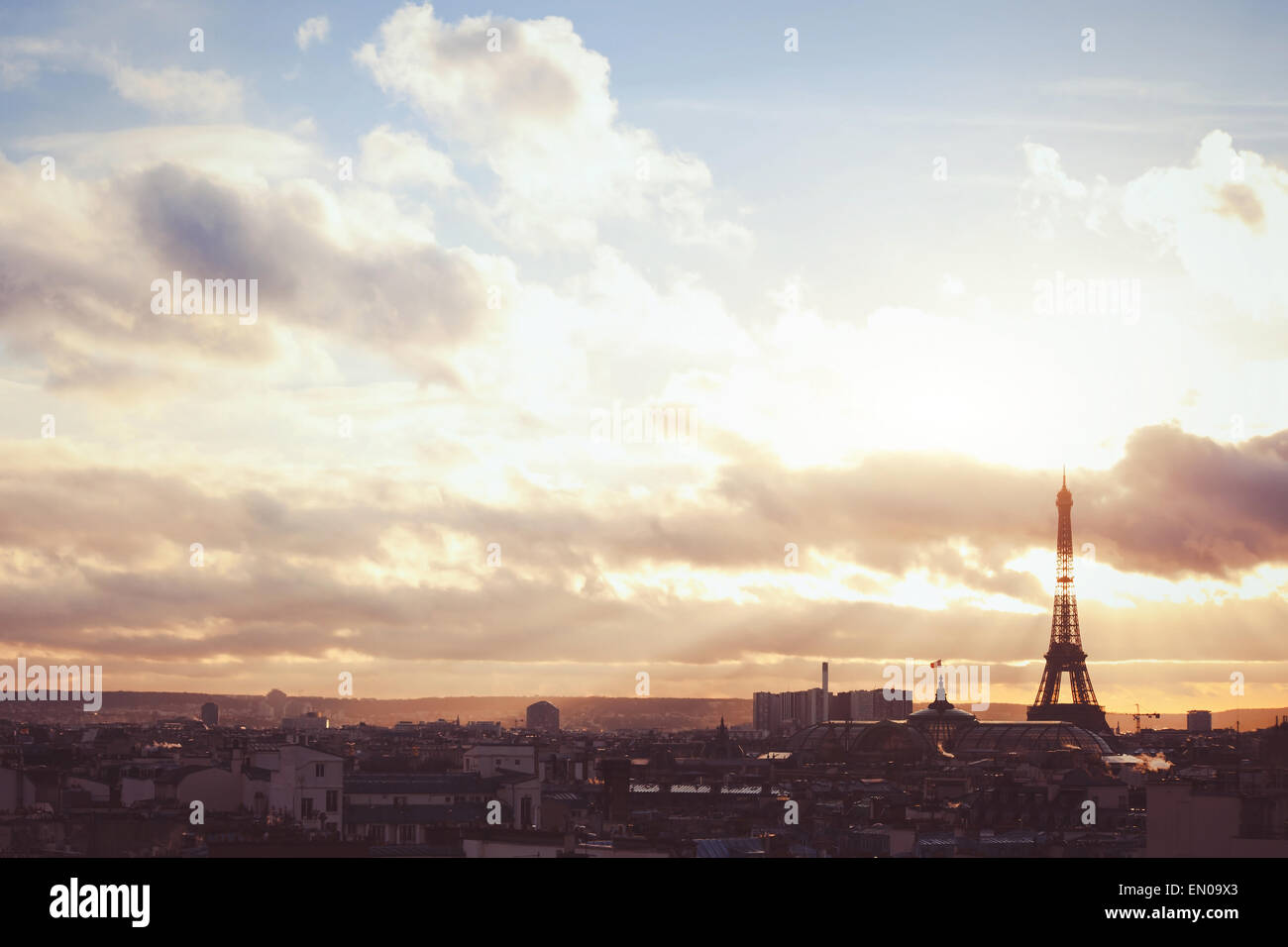 sunset sky over Paris, beautiful panoramic view with silhouette of ...