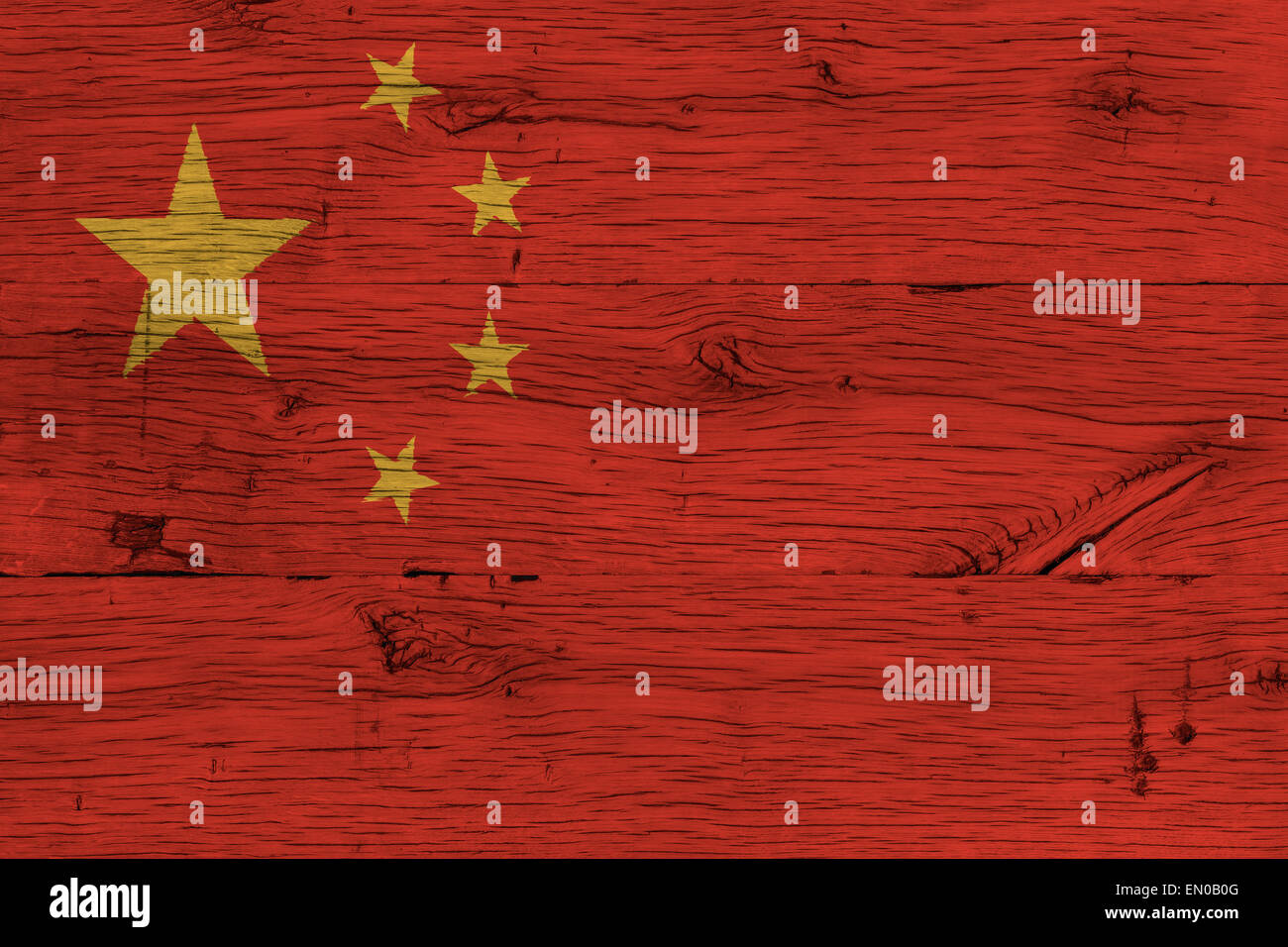 China, Chinese national flag painted on old oak wood. Painting is ...