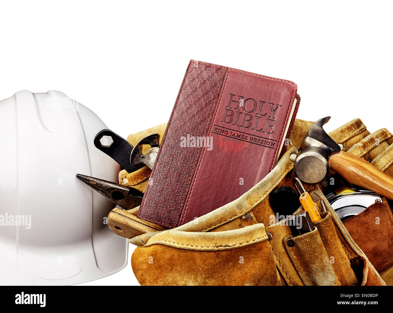 Bible and Carpenters Tool Belt with White Helmet on White Background ...